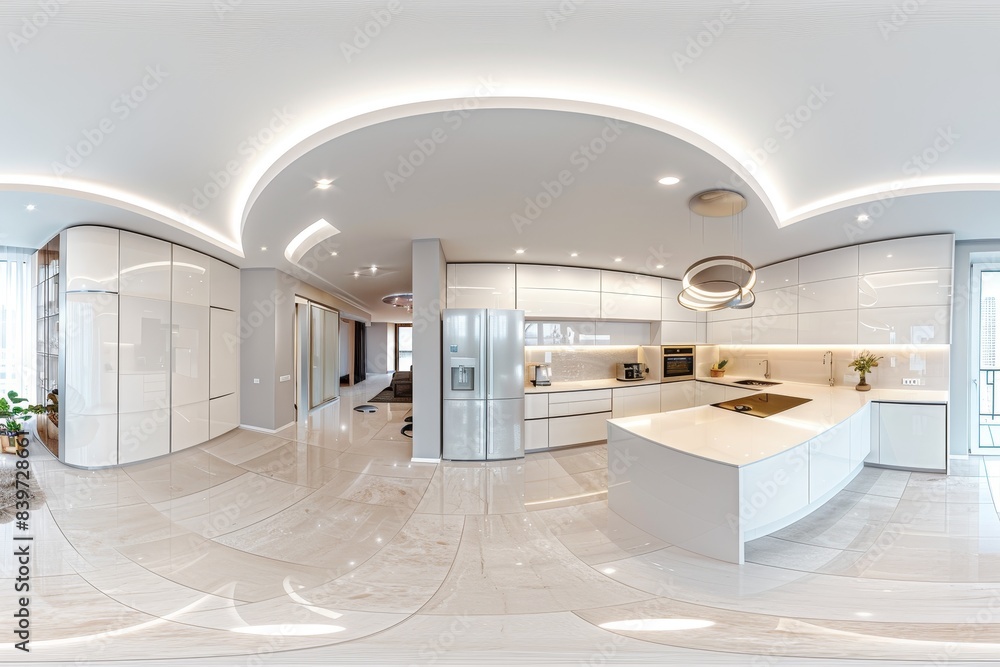 HDRI 360 spherical panorama view of modern luxury kitchen in white ...