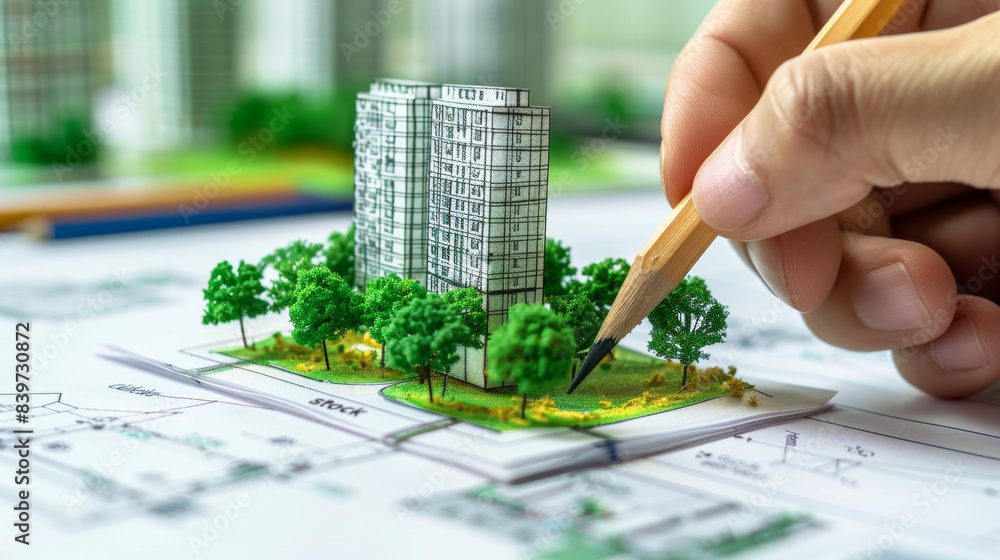 Eco environmental concept, hand holding pencil drawing green building ...