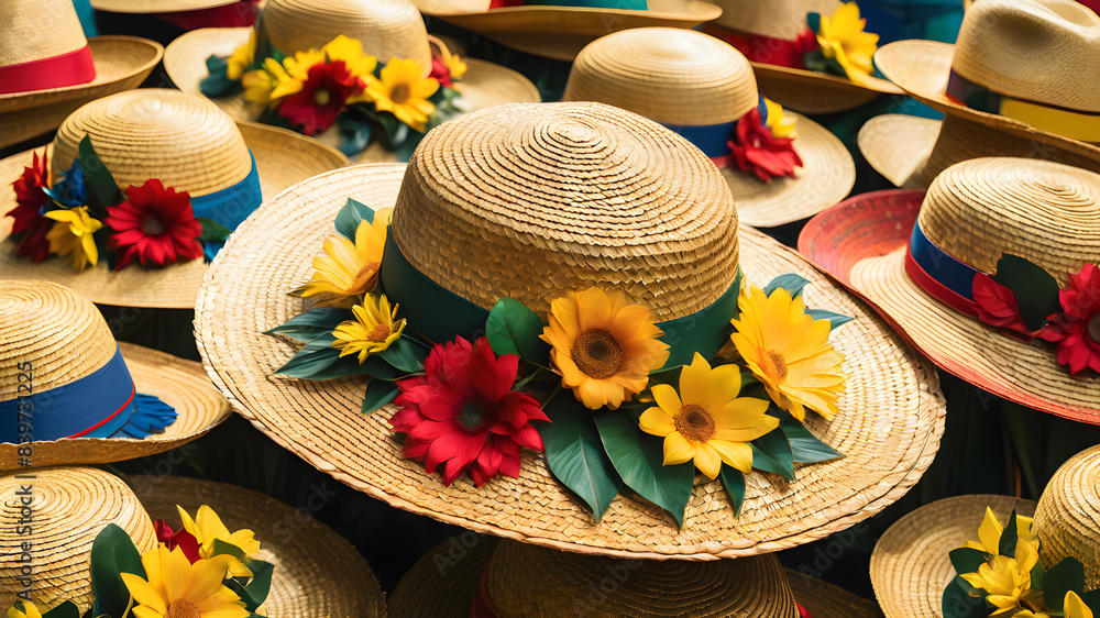 Traditional straw hat on multiple positions for decoration. Brazilian ...