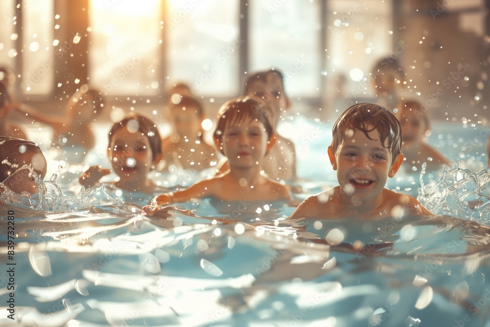 Happy Kids Learning Swim in Indoor Pool on Summer Vacation Stock Photo ...