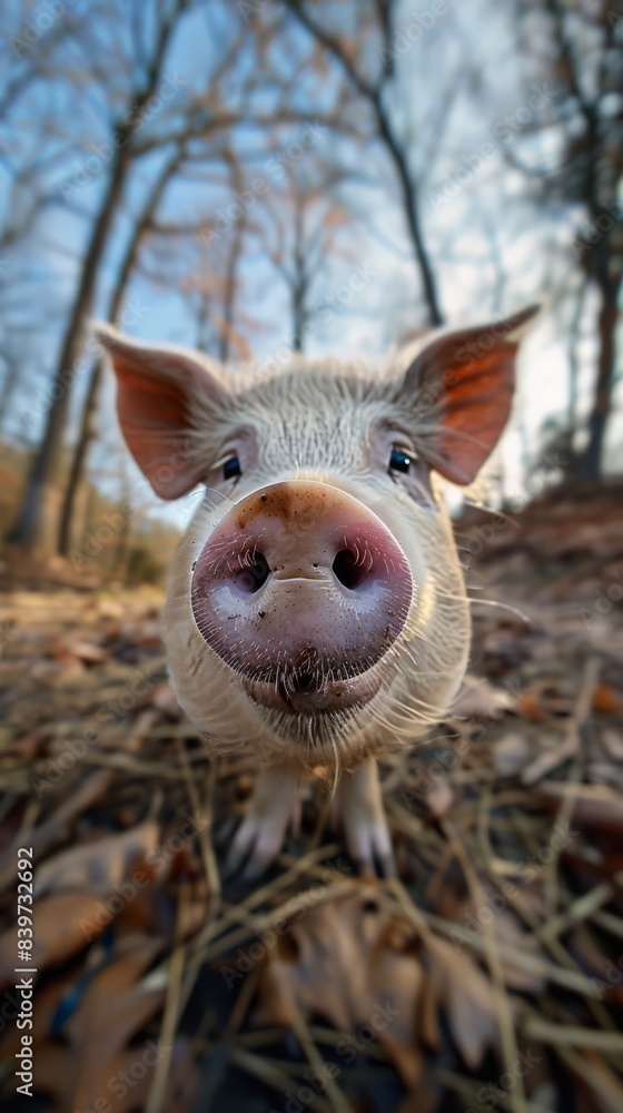 A Miniature pig staring curious into camera directly in front of the ...