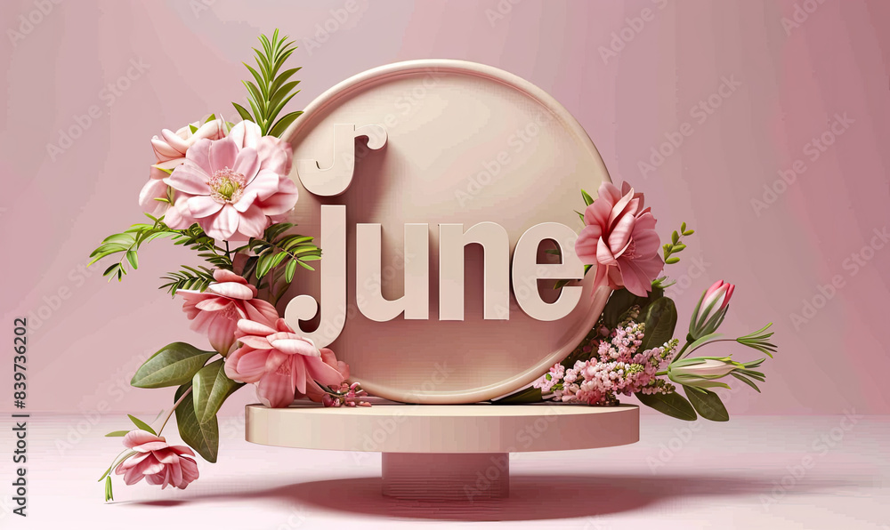 June floral emblem design with 3d rendering of elegant and modern pink ...