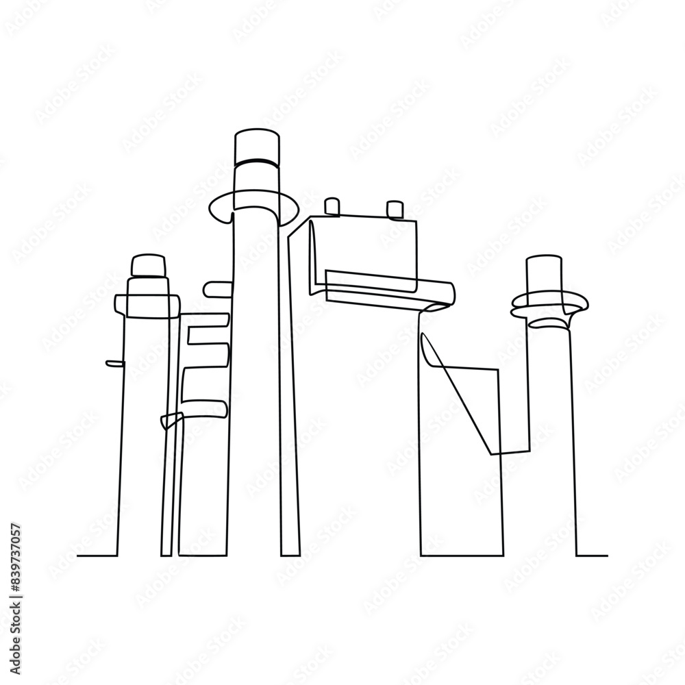 One continuous line drawing of chimney, gas turbine generator and heat ...