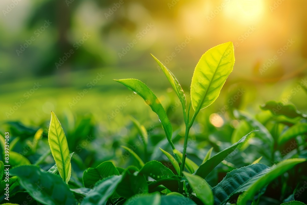 Organic green tea plantation with blurred background in morning Fresh ...