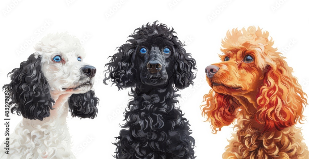 Vintage illustration of elegant dogs long curlywavy black white hair ...