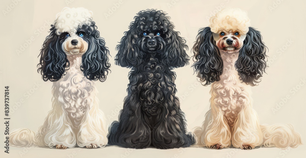 Vintage illustration of elegant dogs long curlywavy black white hair ...
