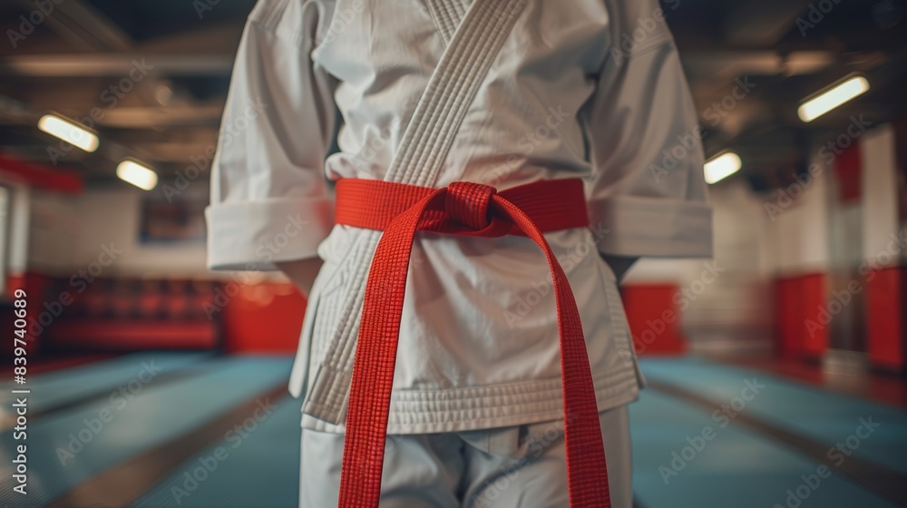 Karate belt tied in dojo symbol of discipline and tradition in summer ...