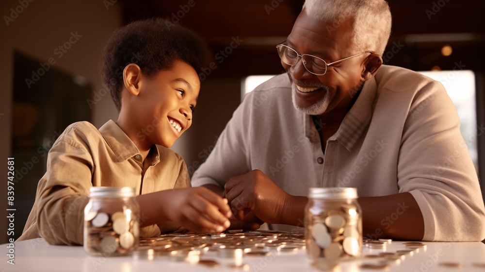 African american grandparent teaching grandchild about financial ...