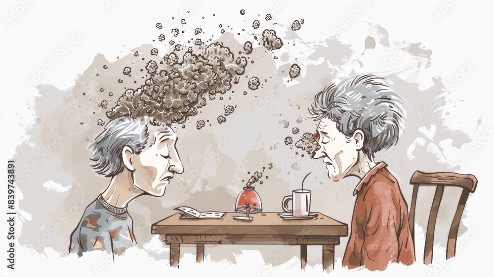 A cartoon showing the gradual decline in memory and problemsolving abilities in a person with ...