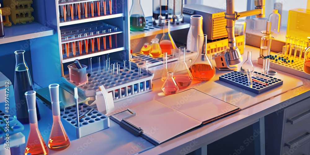Science Lab Desk: A high-tech desk with lab equipment, beakers, and ...