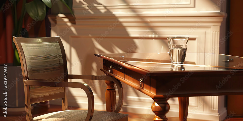 Talk Show Guest Desk: A simple desk with a chair and water glass, set ...