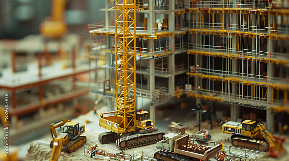 a miniature construction scene. It features a small-scale model of a ...