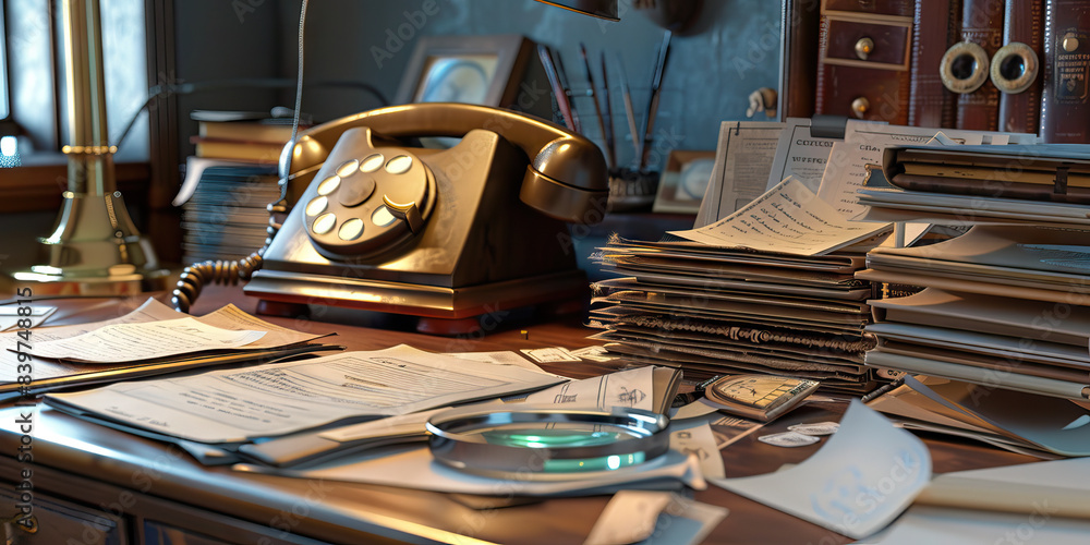 Detective's Desk: A cluttered desk with case files, a magnifying glass ...