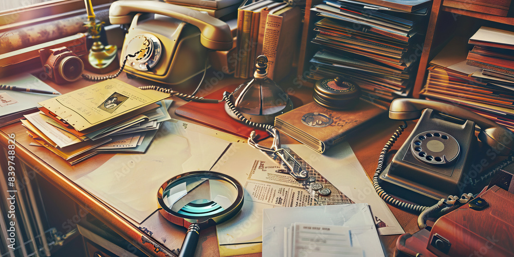 Detective's Desk: A cluttered desk with case files, a magnifying glass ...