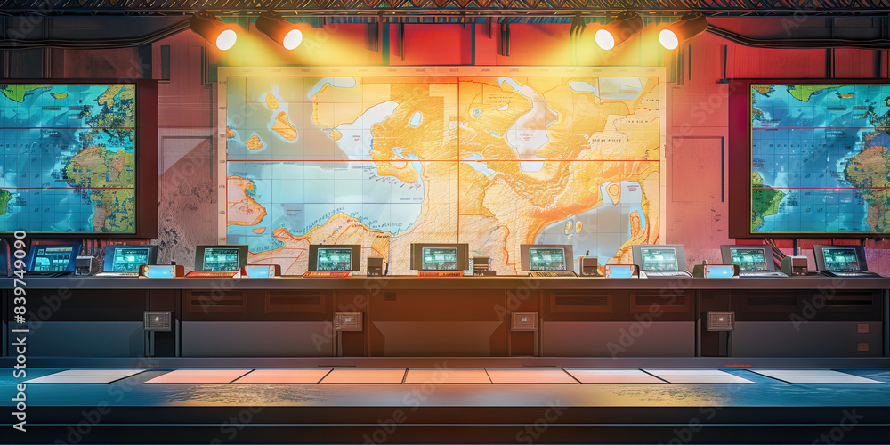 Strategic Command Center Talk Show Stage: A stage with strategic ...