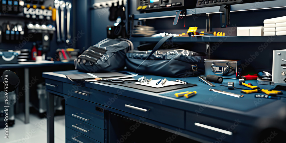 Navy Blue Police Officer's Workstation: Organized desk with crime scene ...