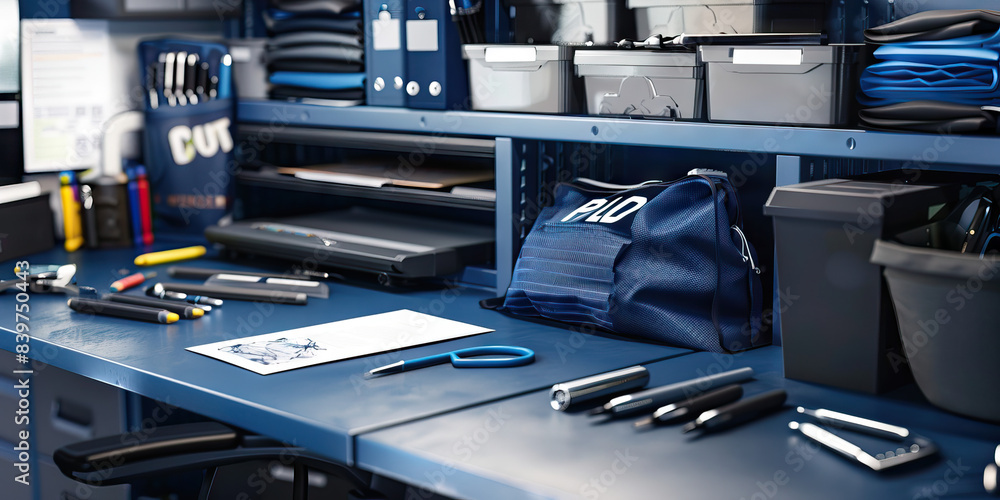 Navy Blue Police Officer's Workstation: Organized desk with crime scene ...