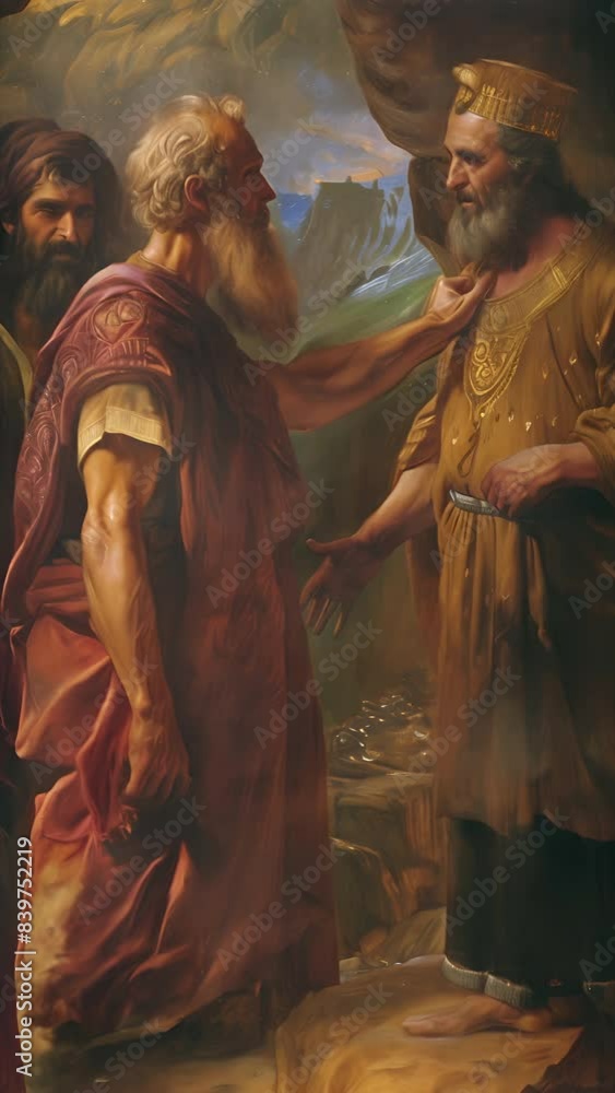 Animated painting of Moses confronting Pharaoh, demanding the release ...