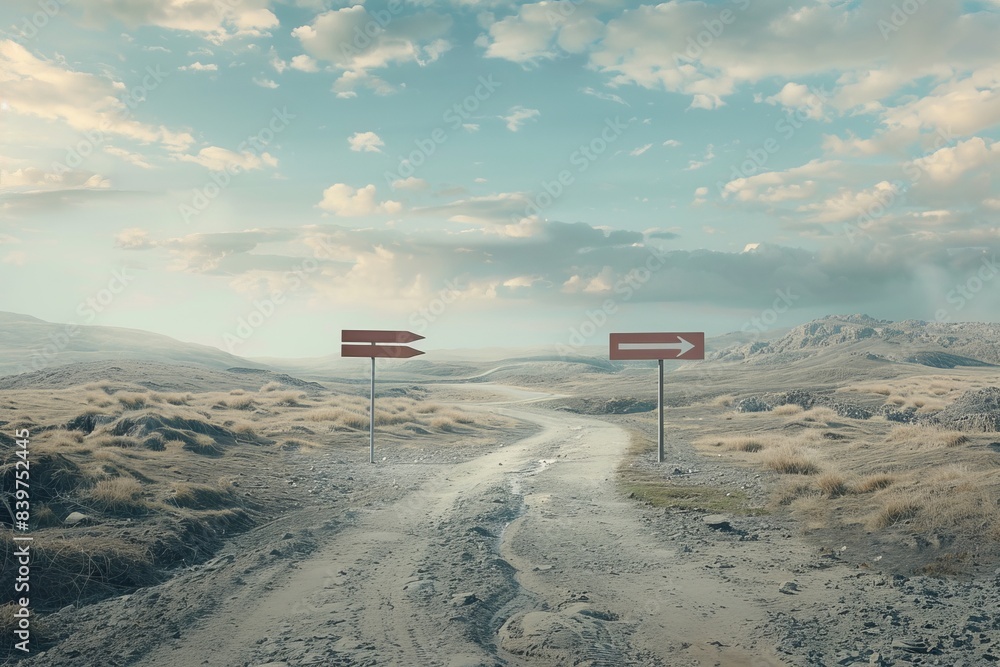 Surreal landscape with a split road and signpost arrows showing two ...