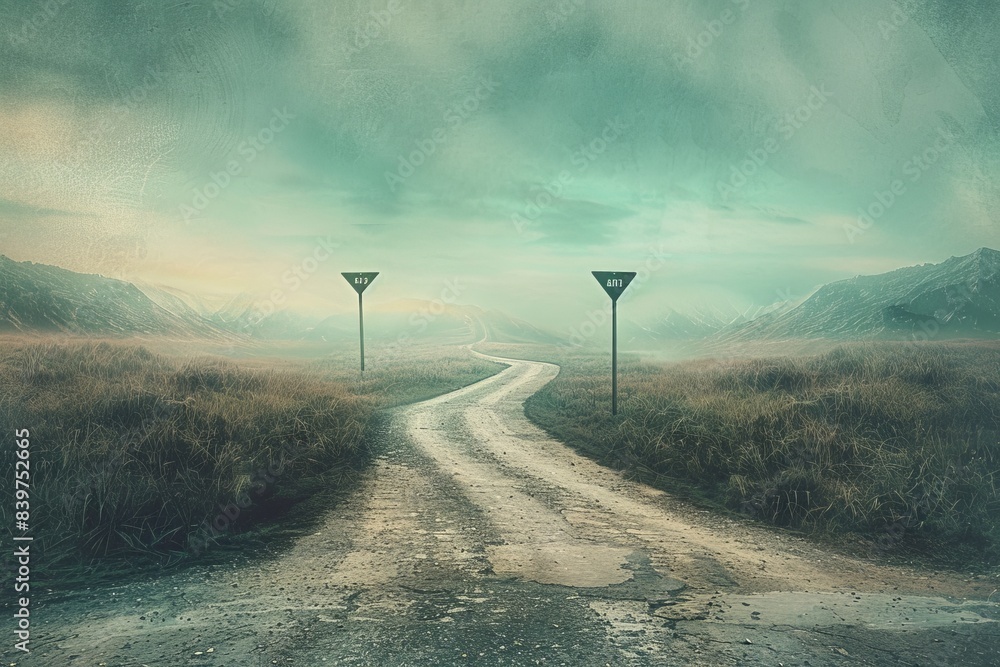 Surreal landscape with a split road and signpost arrows showing two ...