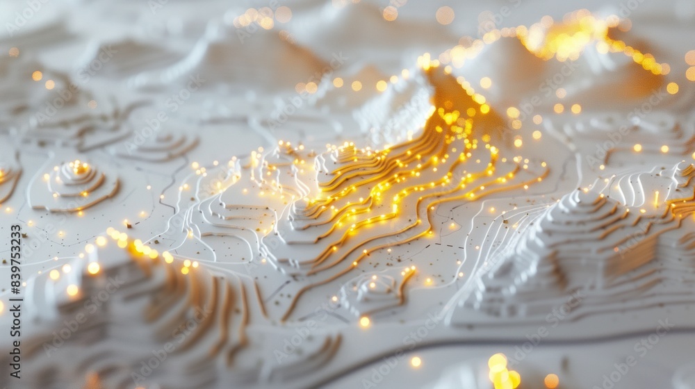 Illuminated digital map with glowing waypoints and topography lines on ...