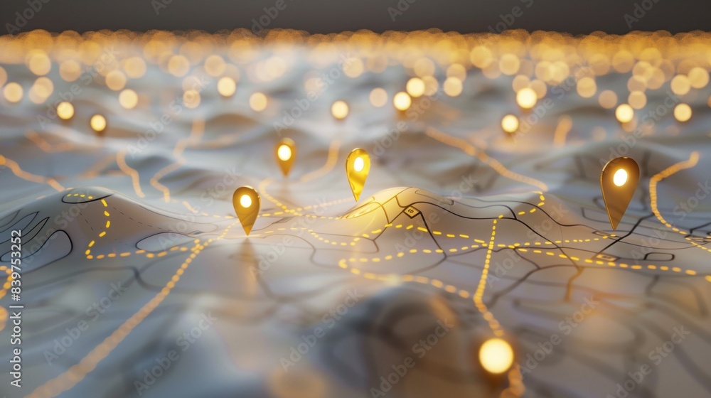 Illuminated digital map with glowing waypoints and topography lines on ...