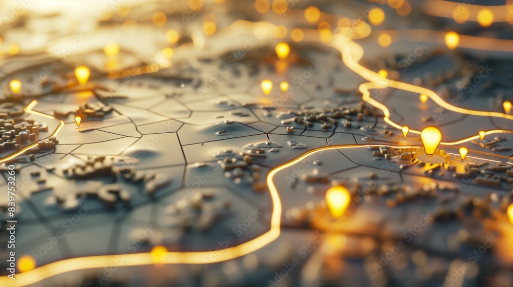 Illuminated digital map with glowing waypoints and topography lines on ...