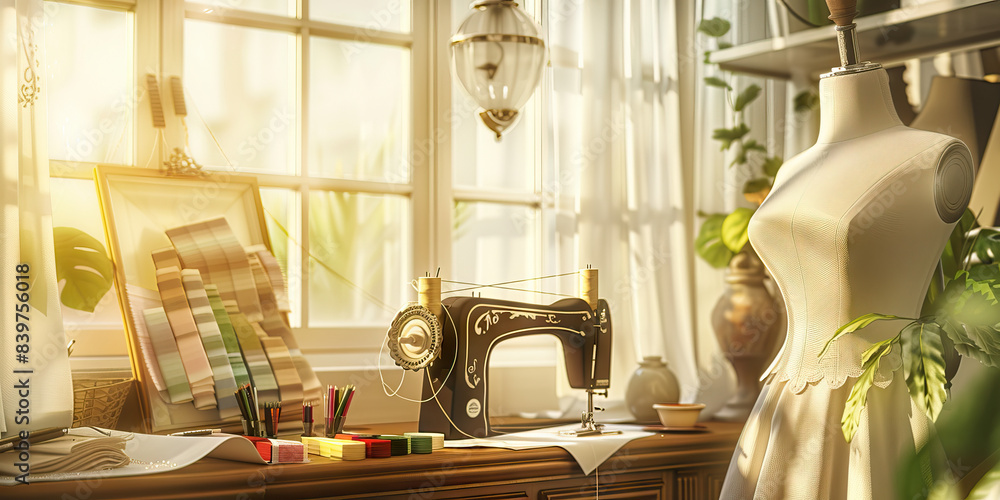 Stylish Fashion Designer's Atelier: Chic workspace with a dress form ...