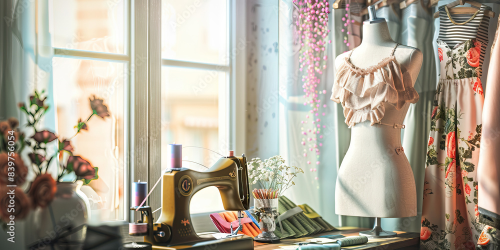 Stylish Fashion Designer's Atelier: Chic workspace with a dress form ...