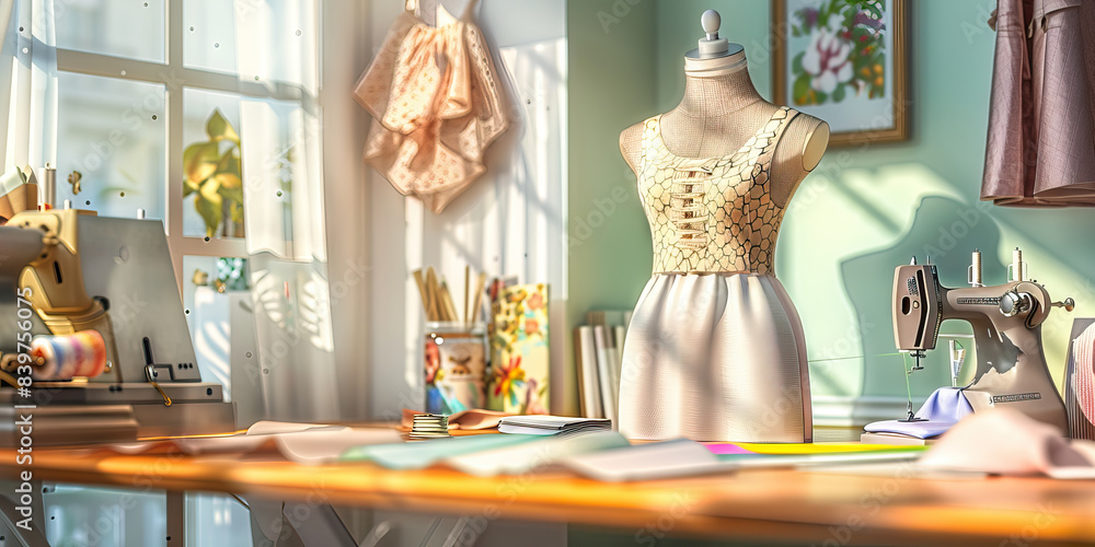 Stylish Fashion Designer's Atelier: Chic workspace with a dress form ...