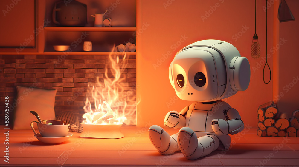 A cute robot in a cozy room, in the 3D illustration style, cute, kawaii ...