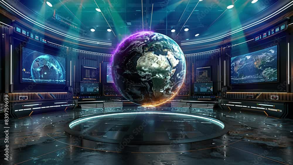 3D virtual TV studio with rotating globe backdrop, bringing news to ...