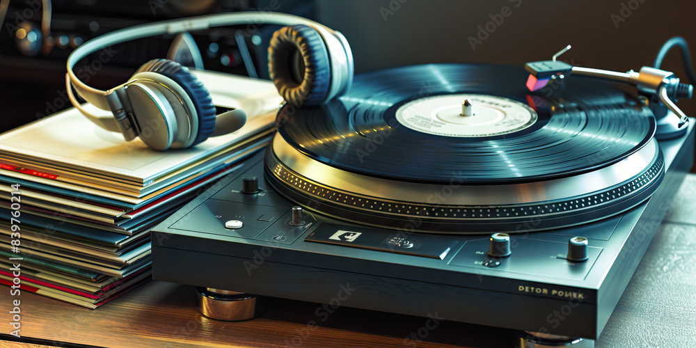 Vintage Record Store: A turntable with a stack of vinyl records and a ...