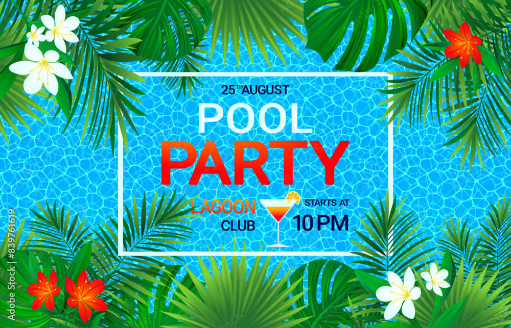 Pool party promo vector background. Tropical banner with rainforest ...