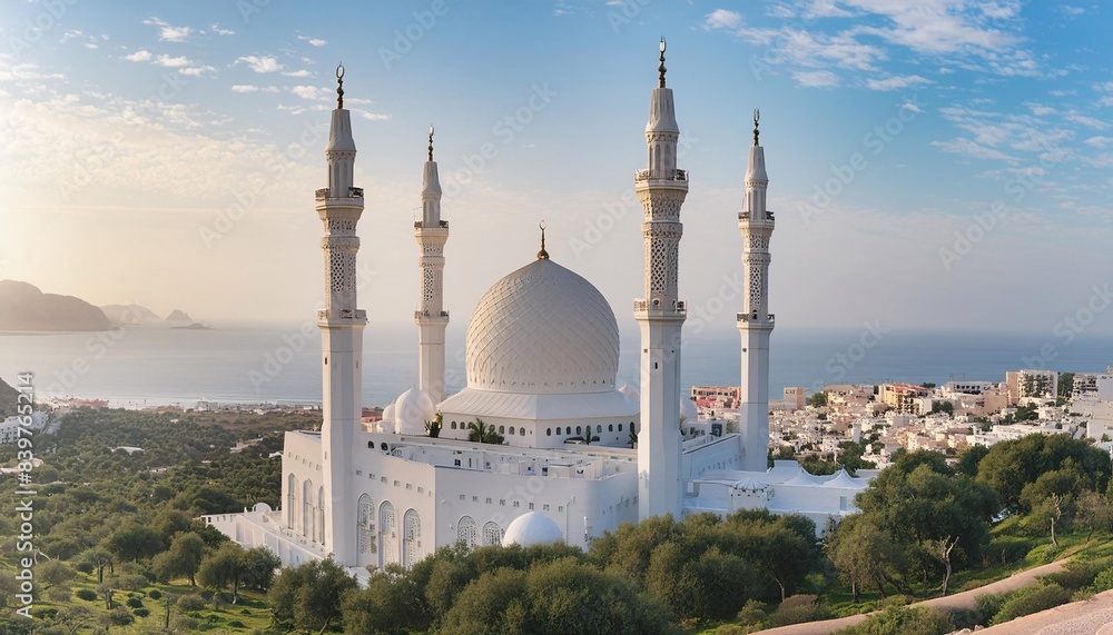 A magnificent mosque with a beautiful white design, standing amidst a ...