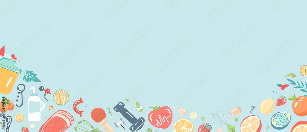 Fitness background with health icons and workout gear, promoting a ...