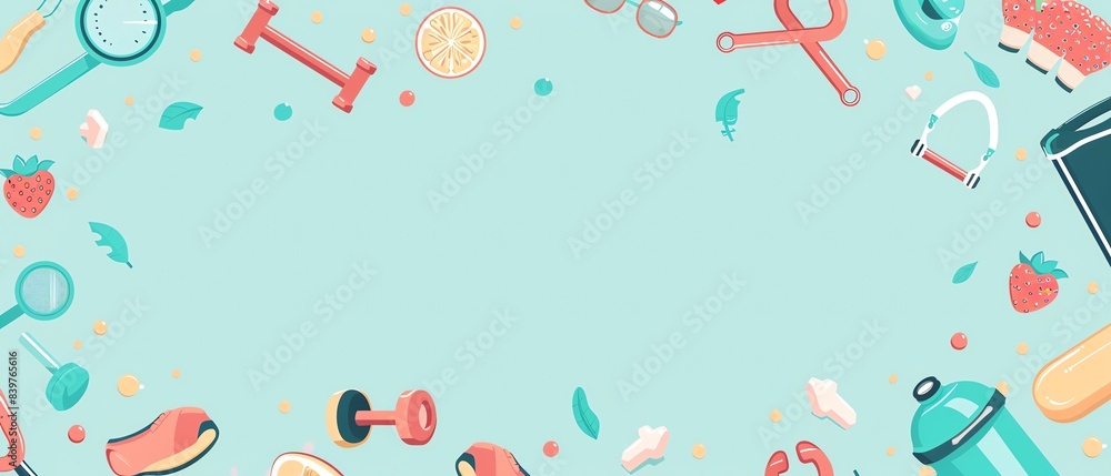 Fitness background with health icons and workout gear, promoting a ...