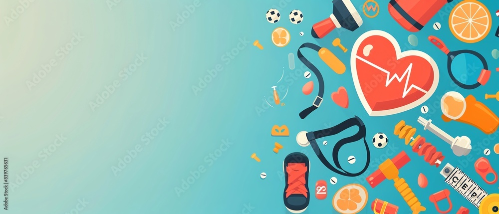 Fitness background with health icons and workout gear, promoting a ...