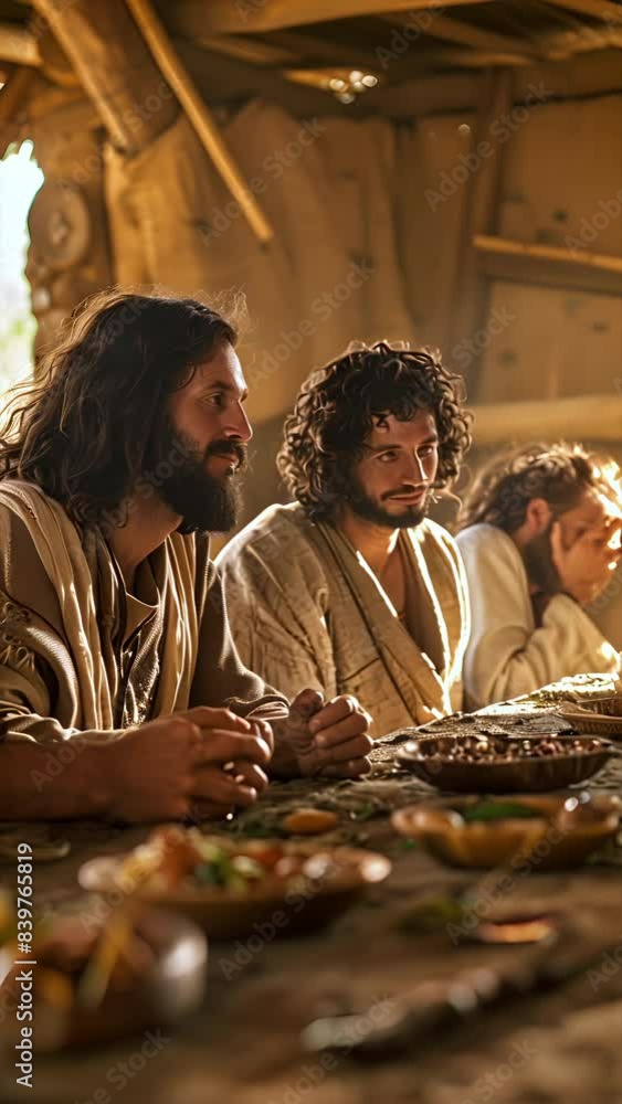 Jesus and his disciples reclining at the table at the last Supper. 4k ...
