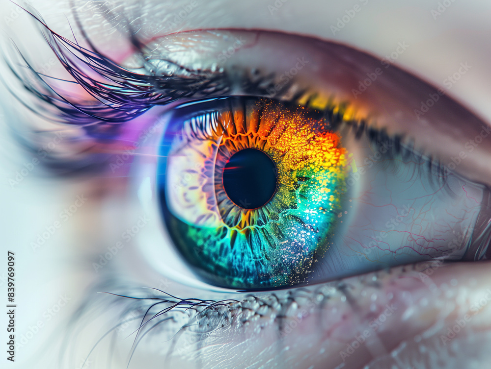 Human multicolored iris of the eye animation concept. Rainbow lines ...