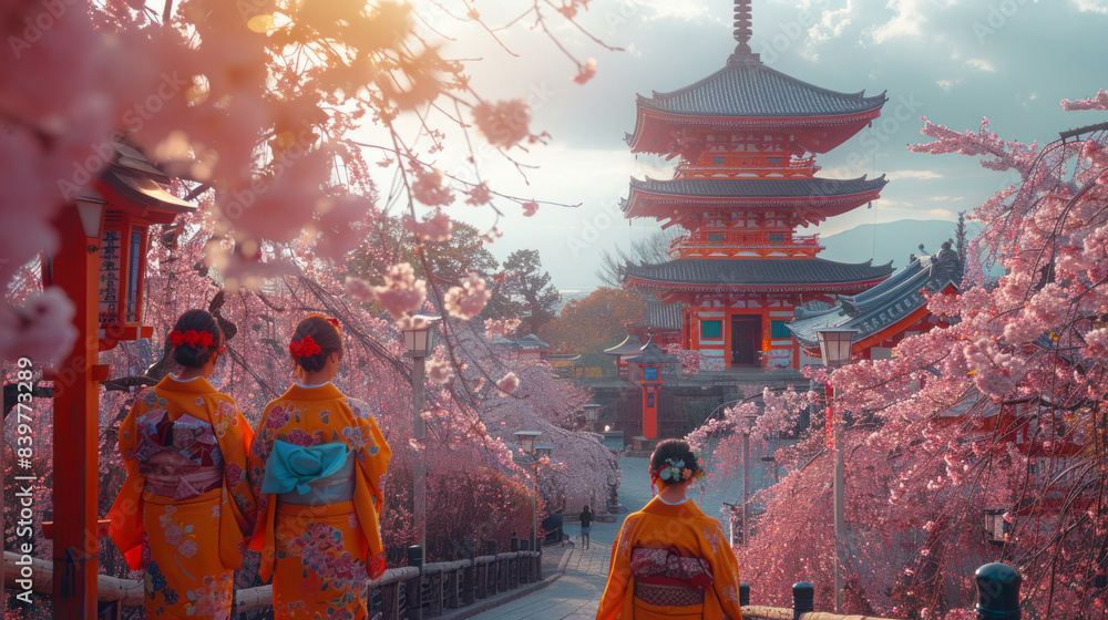 Japanese women in traditional Yukata dress stroll by Hirano-jinja ...