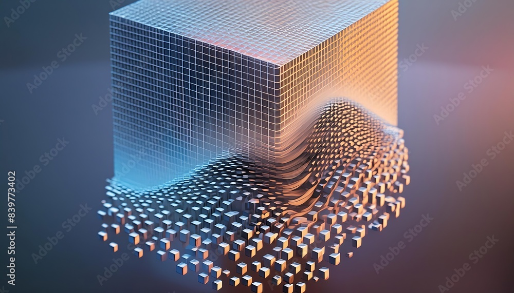 An abstract 3D grid structure with floating particles, illuminated by ...