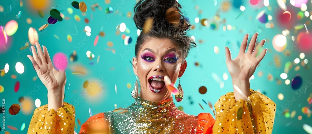 Happy drag queen acting surprised in front of a camera, glittering ...