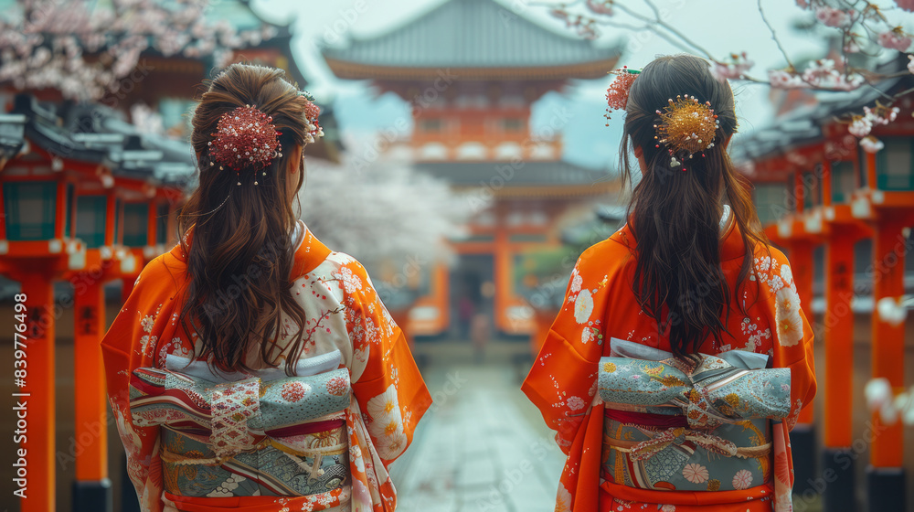 Japanese women in traditional Yukata dress stroll by Hirano-jinja ...
