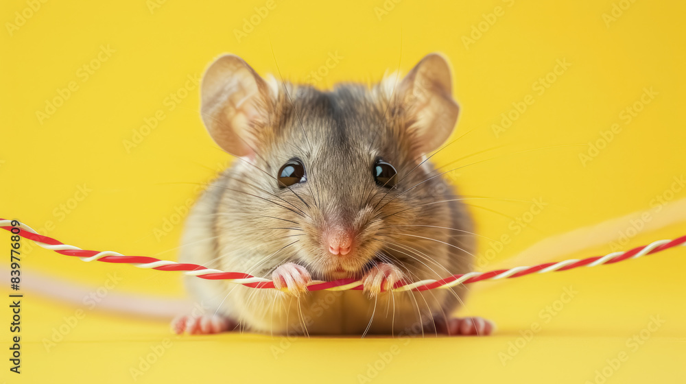 curious mouse chewing on colorful electrical wires on yellow background ...