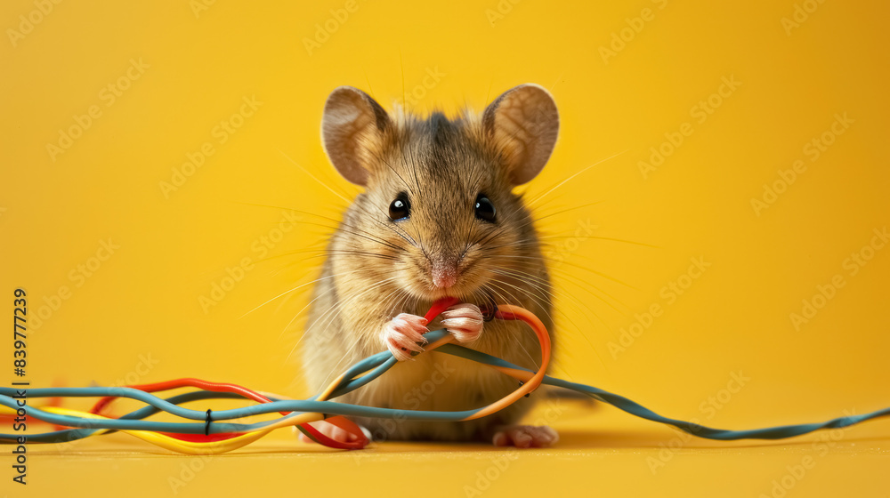 cute mouse nibbling on colorful electrical wires against a yellow ...