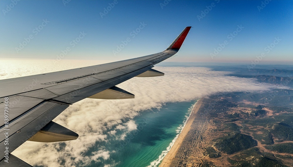 Airplane wing view from window. Clouds, beach, and ocean below. Conveys ...
