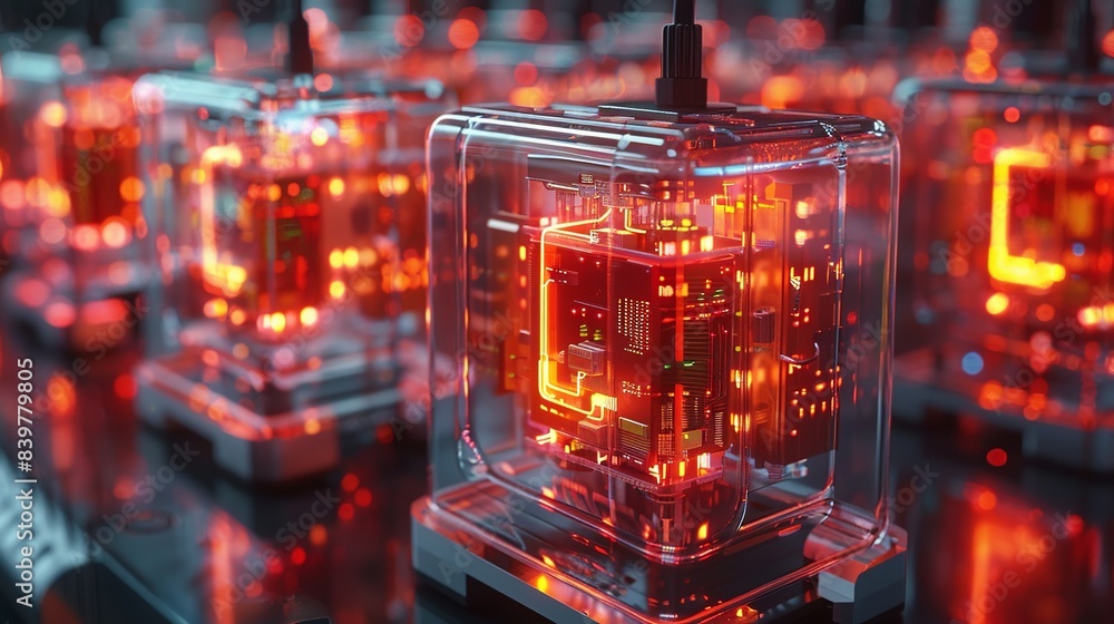 Futuristic-looking junction boxes with transparent covers, revealing a ...