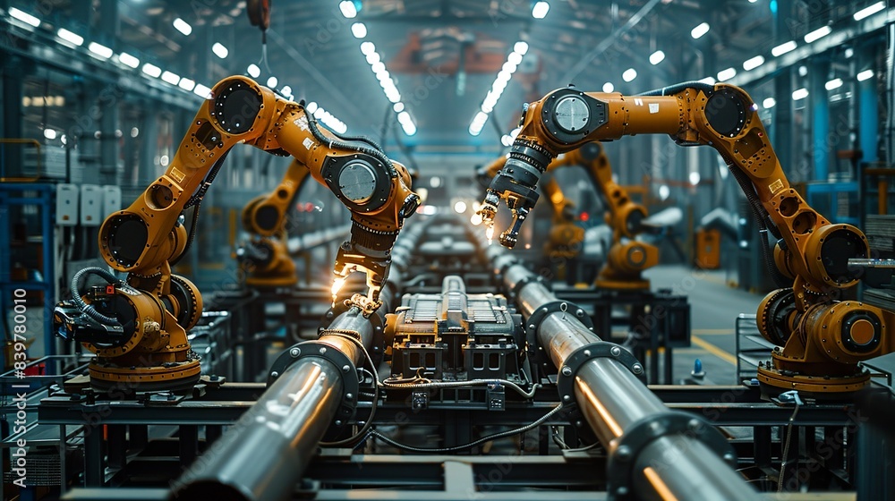 Industrial robots with multiple arms performing maintenance on the ...