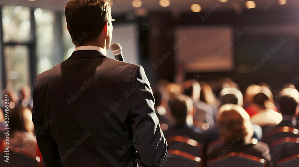 Business professional speaking at a conference with an audience in ...